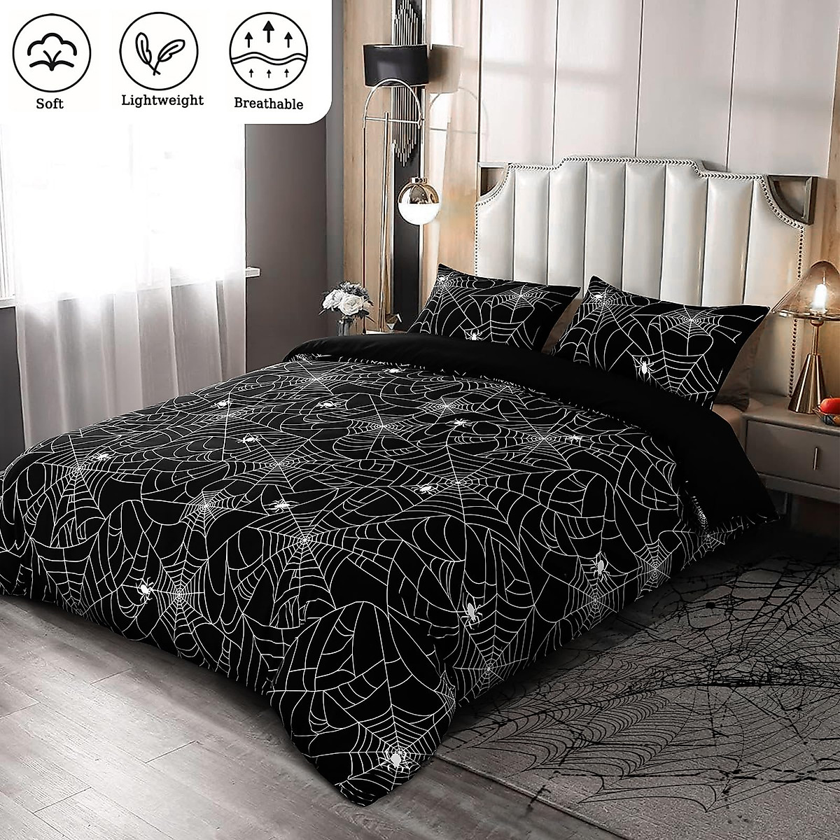 FRAMICS 3 Piece Halloween Duvet Cover Queen Size Spider Web Duvet Cover Set Halloween Bedding Set with Zipper Closure Black Comforter Cover Set Includes 1 Duvet Cover 90 x 90 inches & 2 Pillow Shams