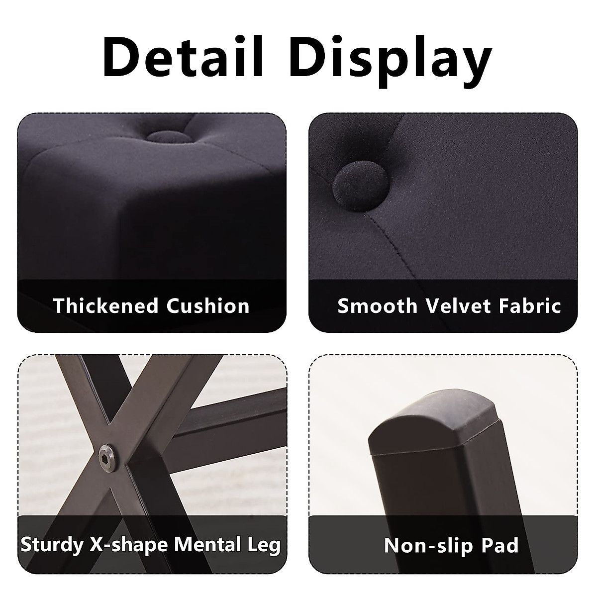 Cpintltr Velvet Ottoman Footrest Stool Tufted Vanity Stool Ottomans Thickened Cushion Footstool Mulifunctional Shoe Changing Seat Step Stools with Metal X Leg for Living Room Bedroom Black