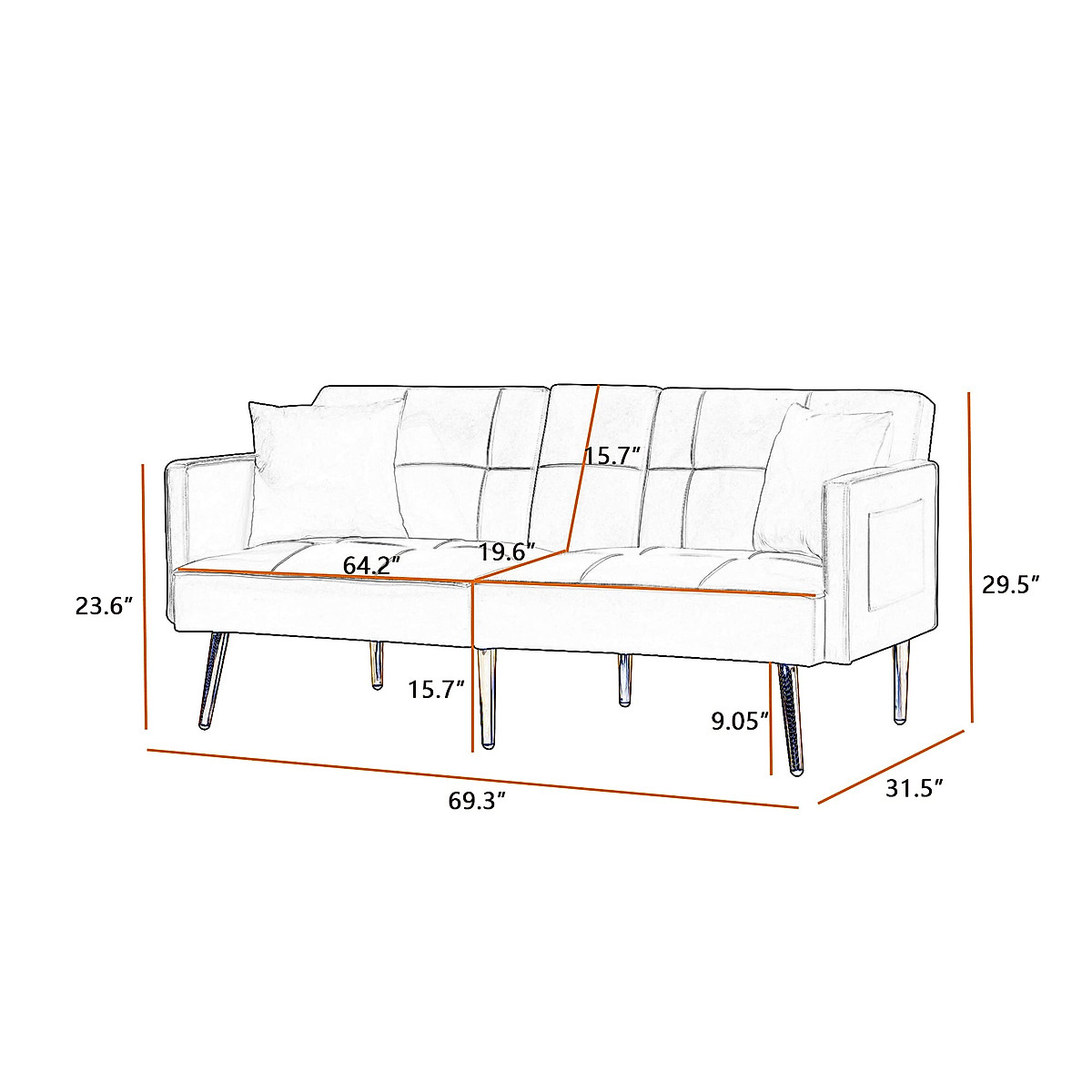 SEVENWOOD Velvet Futon Sofa Bed with Cup Holder,Velvet Small Loveseat Sleeper Bed, Modern Folding Sleeper Couch with 2 Pillows and 6 Gold Metal Legs for Living Room. (Grey)