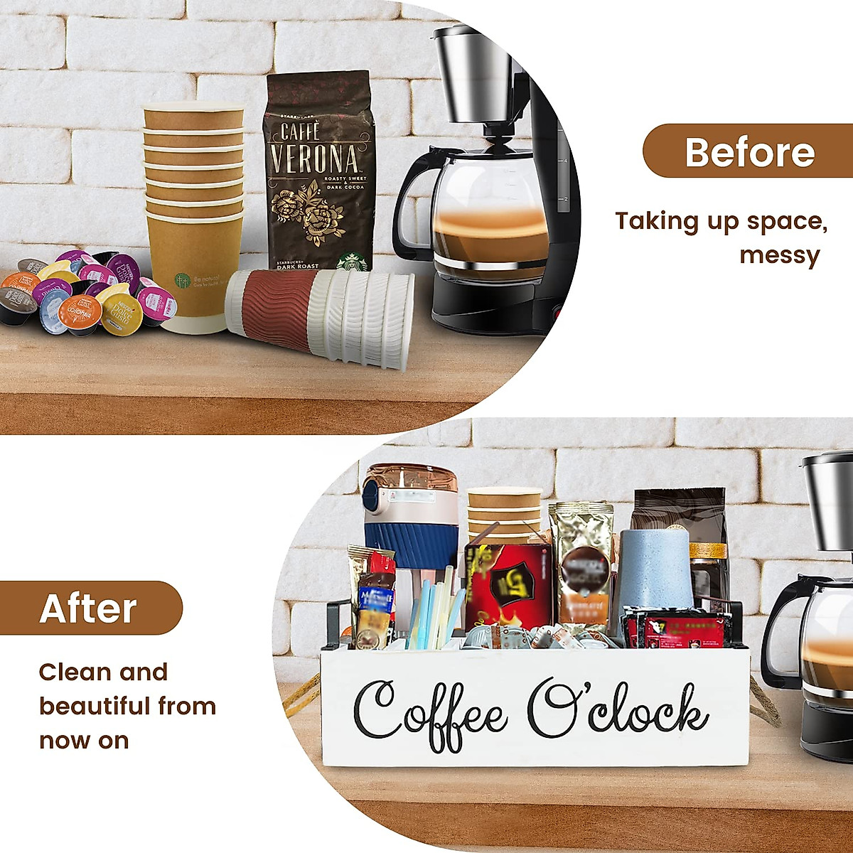 QUALLON Coffee Station Organizer with Small Removable Dividers, Wooden Coffee Bar Accessories Storage For Countertop, Farmhouse Kcup Coffee Pod Holder Basket With Handle For Coffee Lover - white