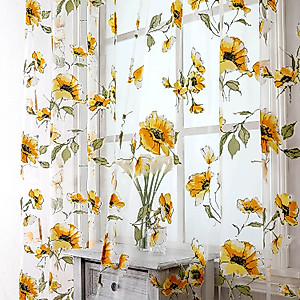 BROSHAN Sheer Curtains Yellow Flowers 1 Set of 2 Panels, Spring Beautiful Flower Voile Tulle Sheer Print Curtain Panels for Bedroom Living Room Window Treatments