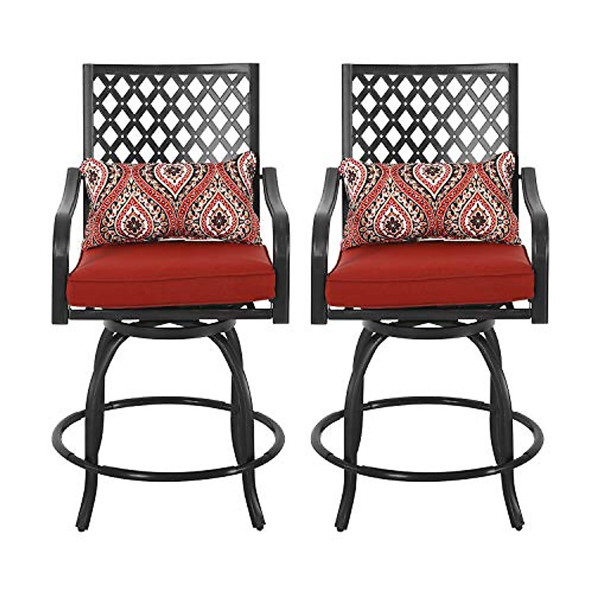 Nuu Garden 3 Piece Swivel Patio Bar Set, High Iron Outdoor Furniture Set Wide Outdoor Bar Stools, Bar Height Chairs with Seat Cushion and Armrest for Garden, Backyard, Patio and Poolside, Red