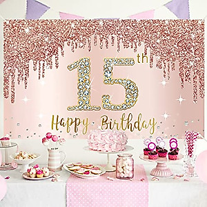Happy 15th Birthday Banner Backdrop Decorations for Girls, Rose Gold 15 Birthday Party Sign Supplies, Pink 15 Year Old Birthday Poster Background Photo Booth Props Decor