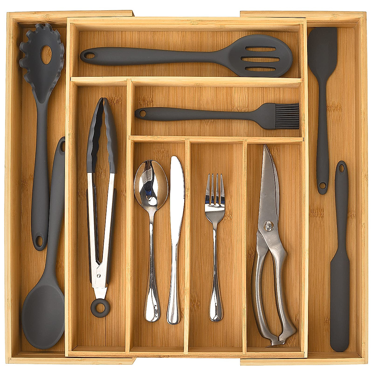 Hombury Bamboo Expandable Kitchen Drawer Organizer, Adjustable Silverware Organizer, Cutlery Tray, Utensil Organizer for kitchen Drawers with Knife Holder, 8 Compartment Drawer Organizer Kitchen