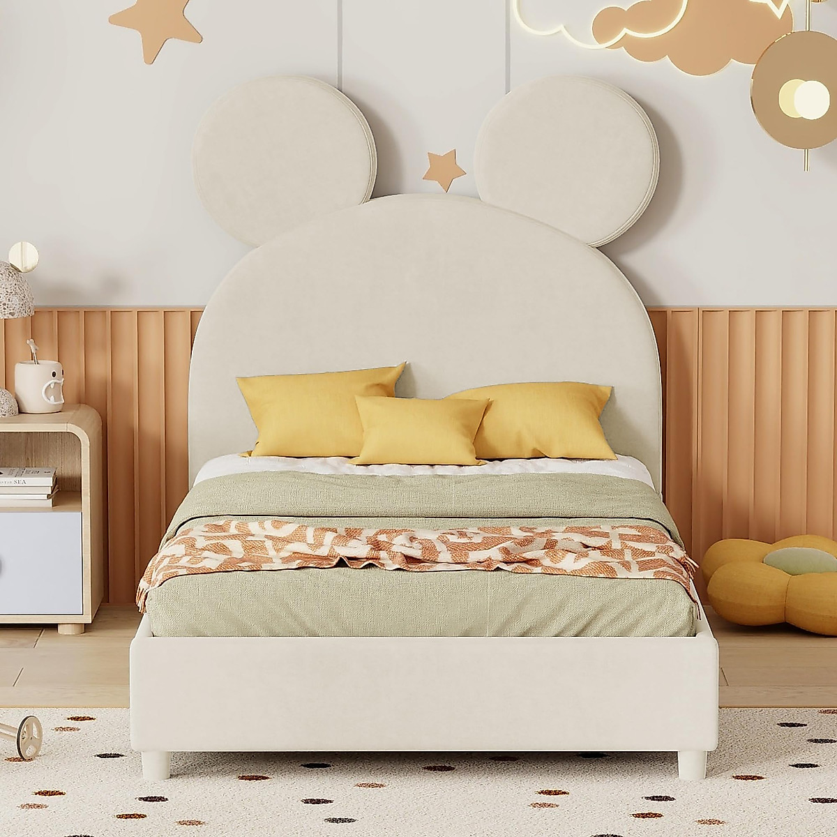 Harper & Bright Designs Twin Size Platform Bed with Bear Ear Shaped Headboard, Modern Velvet Upholstered Twin Bed Frame for Kids,Wood Twin Bed for Girls Boys, No Box Spring Needed, Beige