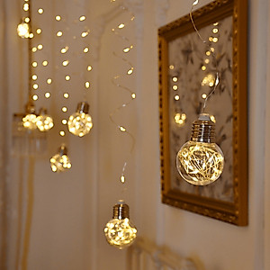 YOLIGHT Wishing Ball Curtain Lights 200 LED Window Curtain String Lights with Remote, USB Battery Powered Twinkle Globe Fairy Lights for Wedding Party Bedroom Christmas Decoration (Warm White)