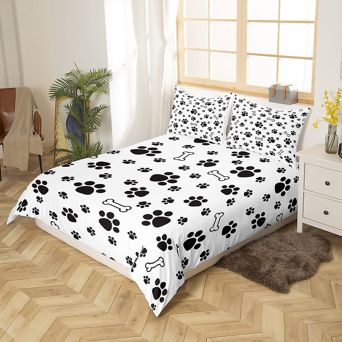 Castle Fairy Dog Paw Print Duvet Cover for Boys,Girls Puppy Bone Comforter Cover Full Size,Black White Bedding Set Kids Teen Room Decor Bed Cover,Dog Footprints Bedclothes with Zipper
