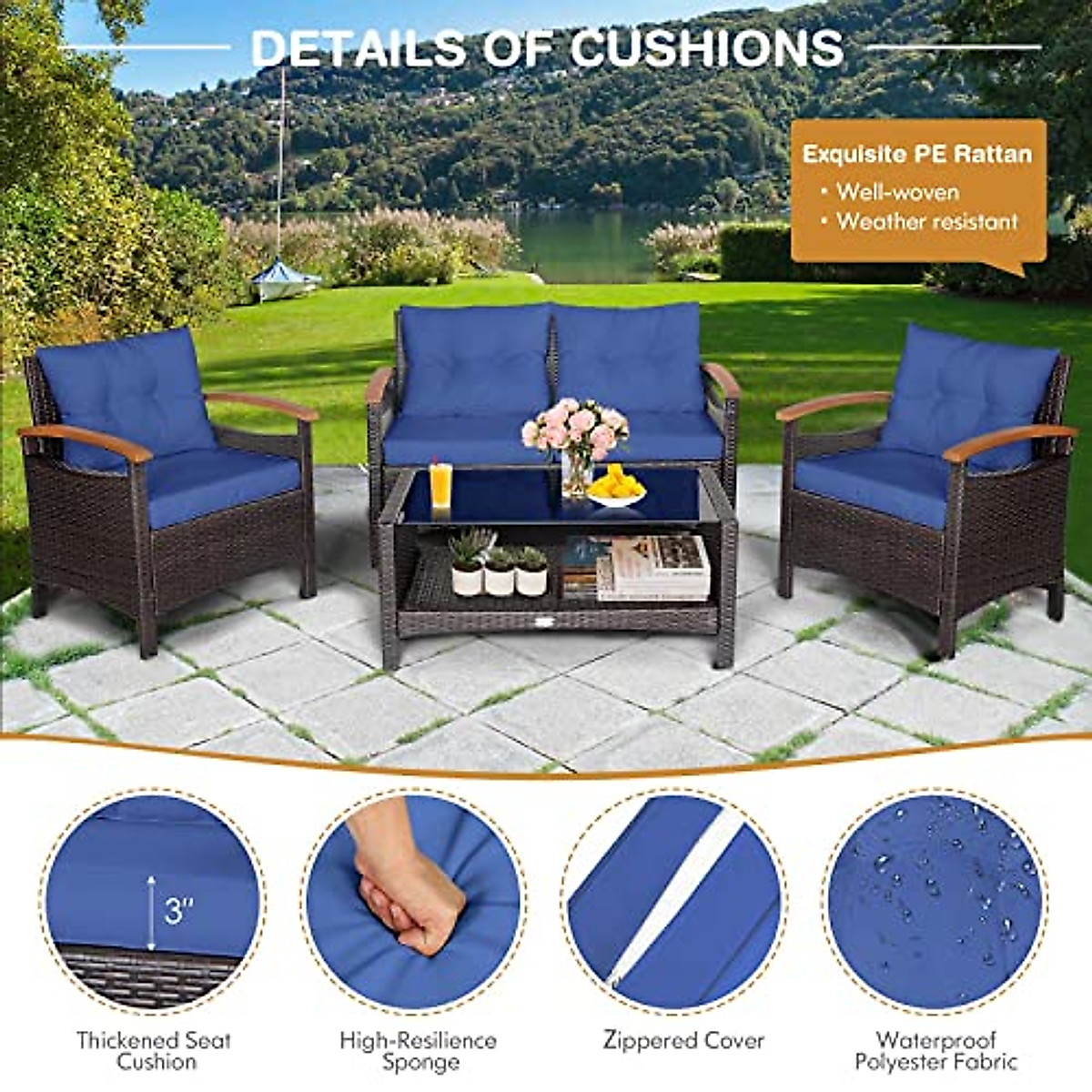Tangkula 4 Piece Patio Rattan Conversation Set, Outdoor Wicker Sofa Set W/2-Layer Coffee Table, Backrest & Seat Cushions, Acacia Wood Curved Armrests, Suitable for Poolside, Backyard, Deck (1, Navy)
