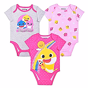 Nickelodeon Baby Shark Girls’ 3 Pack Short Sleeve Bodysuit for Newborn and Infant – Pink/Grey