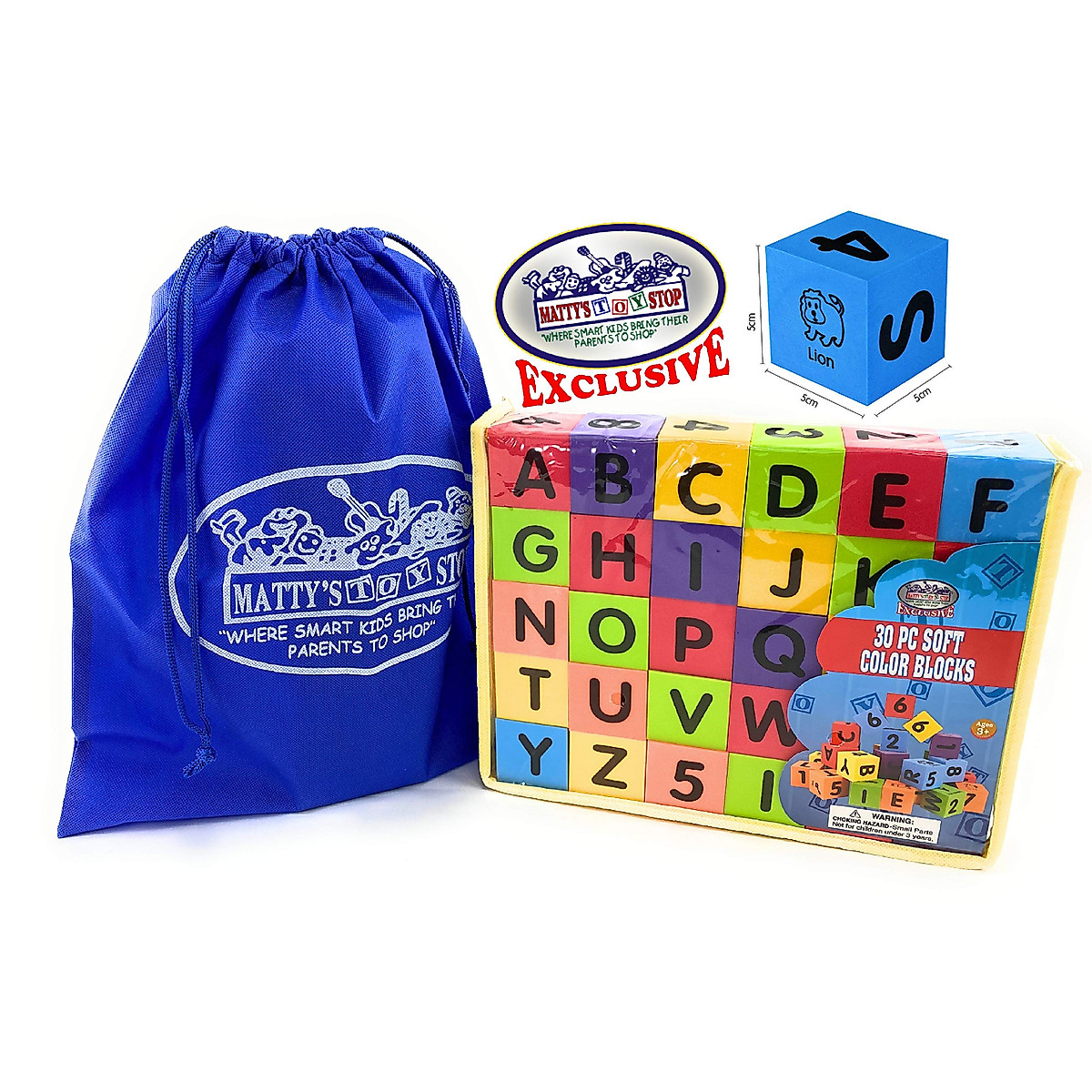 Deluxe 2" EVA Foam Colorful Building Blocks (30 PCS) Featuring Abc's, Numbers & Pictures with Bonus Matty's Toy Stop Storage Bag