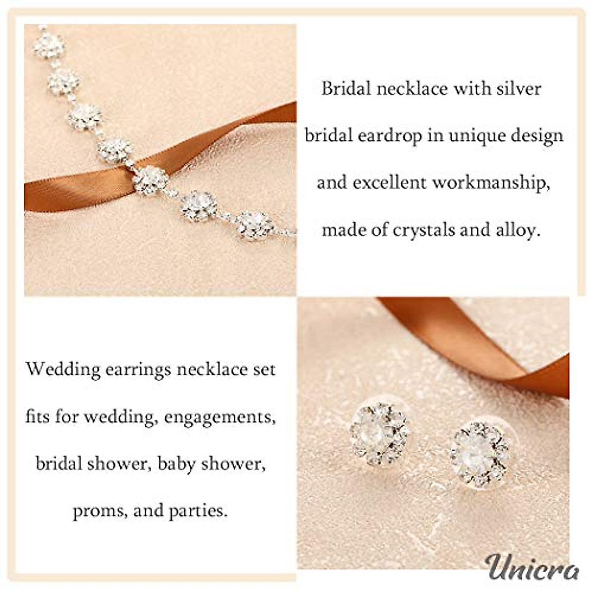 Unicra Bride Silver Necklace Earrings Set Crystal Bridal Wedding Jewelry Set for Women