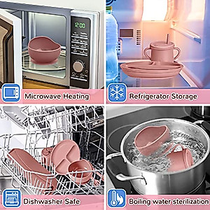 Newtay 8 Pack Baby Feeding Eating Supplies Silicone Suction Divided Plate Bibs Bowl Placemat Spoon and Fork Cup with Straw Tableware Set for Toddler (Dark Pink), 1.0 Count