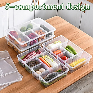 Haawooky 2 Pack Divided Veggie Tray with Lid,5 Compartment Serving Tray with Dividers,Plastic Food Storage Containers for Travel Fruit,Vegetable,Salad
