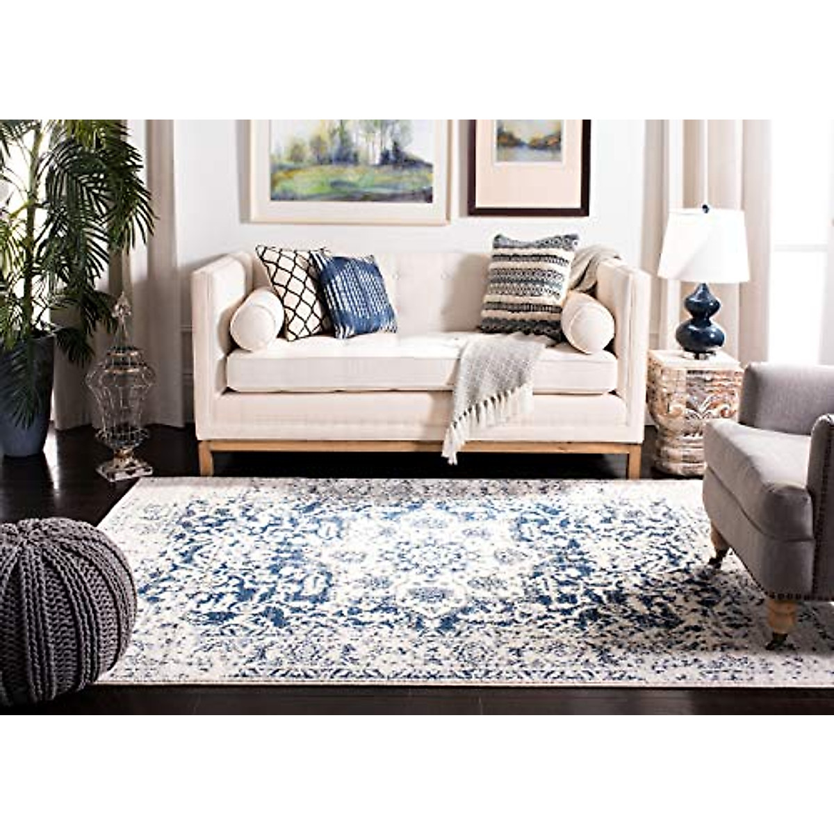 SAFAVIEH Madison Collection 8' x 10' Cream / Navy MAD603D Oriental Snowflake Medallion Distressed Non-Shedding Living Room Bedroom Dining Home Office Area Rug