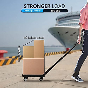 Lougnee Folding Hand Truck, 4 Wheels Fold Up Hand Cart with 2 Elastic Ropes, Portable Foldable 100lbs Capacity Heavy Duty Luggage Cart, Utility Dolly Platform Cart for Car House Office Moving