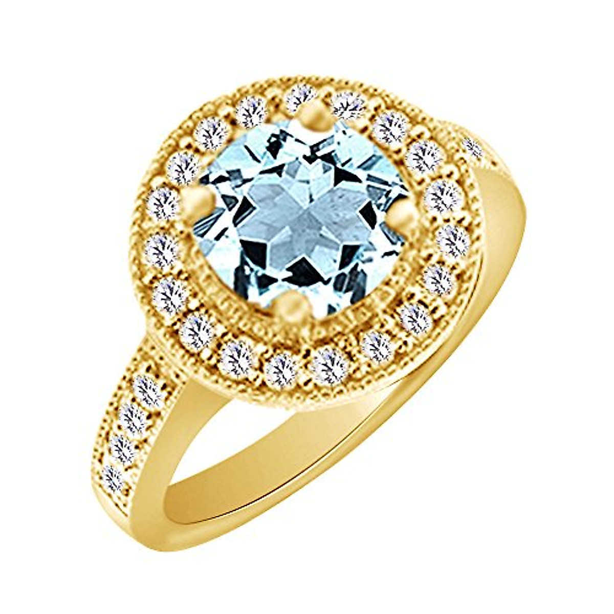 AFFY 3.65 cttw Simulated Blue Aquamarine & White Natural Diamond Halo Engagement Wedding Ring in 14K Solid Yellow Gold with, Ring Size 10.5