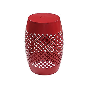 AC Pacific Outdoor Indoor Lace Cut Side Table, Powder-Coated Iron Pedestal Stand, Drum Shaped Accent Furniture for Patio, Living Room or Bedroom, Red