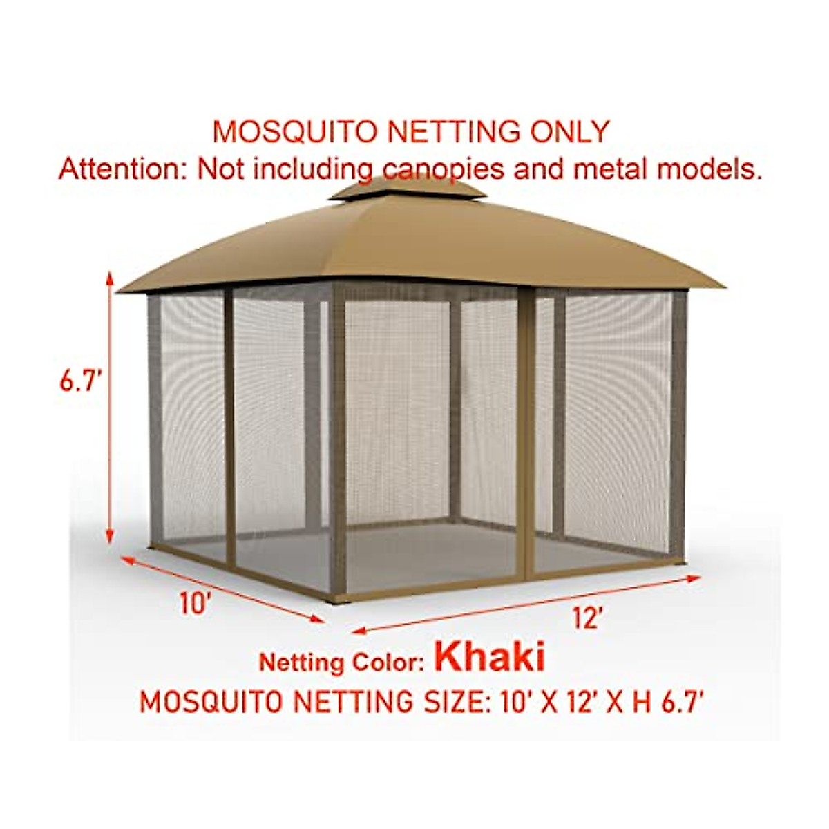 Gazebo Mosquito Netting Screen 4-Panels Universal Replacement for Patio, Outdoor Canopy, Garden and Backyard (10'x12', Khaki)