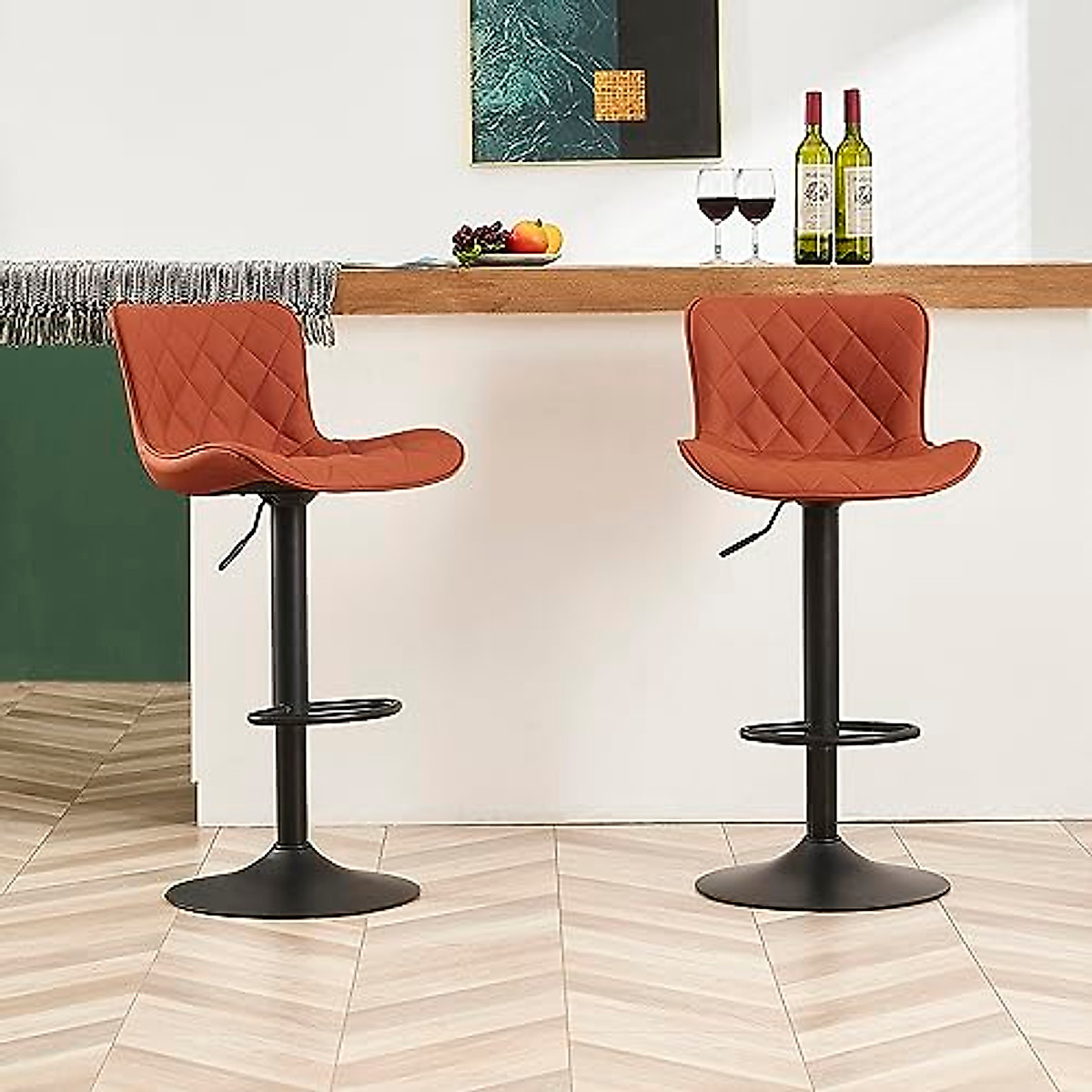 YOUNUOKE Bar Stools Set of 2 with Back Modern Faux Leather Swivel Counter Height Barstools Adjustable Tall Bar Stool Chairs for Kitchen Islands, Ochre Red