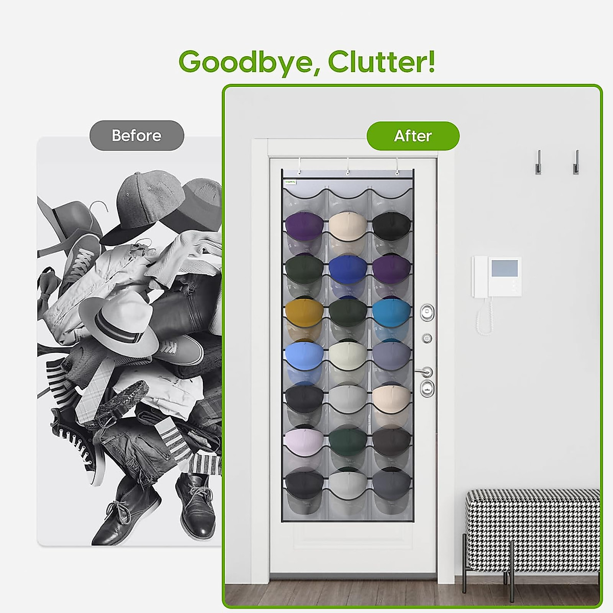 Unjumbly Baseball Hat Rack, 24 Pocket Over-The-Door Cap Organizer with Clear Deep Pockets to Protect, Store and Display Your Baseball Caps Collection, Complete with Over Door Hooks