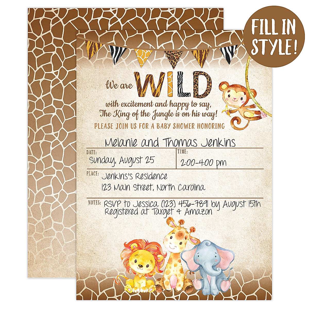 Jungle Safari Baby Shower Invitations - Safari Animal Invitation - 20 Fill-In Invitations and White Envelopes - Boy or Neutral Baby Shower Party - Monkey, Lion, Elephant, Giraffe