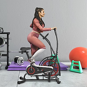 GYMAX Fan Bike, Air Resistance Upright Bike with LCD Monitor, Phone Holder & Built-in Wheels, Fully Adjustable Stationary Exercise Bike for Home Gym Cardio Training Workout Fitness