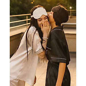 Ekouaer Satin Pj Set Sexy Soft Sleep Sets For Women Casual Button Down Loungewear(Black,Large)