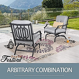 Festival Depot Patio Dining Chair Set of 2 Metal Armchairs with Thick Cushions Outdoor Furniture for Bistro Garden (Grey)
