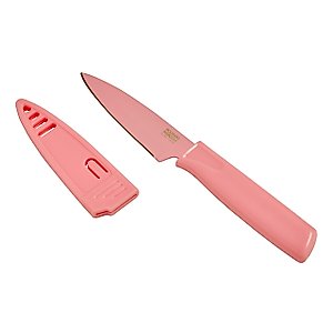 Kuhn Rikon Colori Non-Stick Straight Paring Knife with Safety Sheath, 4 inch/10.16 cm Blade, Bubble Gum