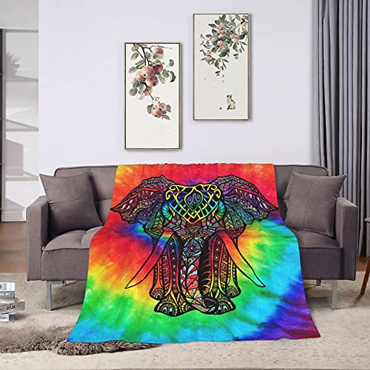Voudlye Elephant Blankets Throw Tie Dye Rainbow Blanket 60"x50" for Women Men and Kids Comfort Warmth Soft Plush Throw for Bed Bedroom Sofa