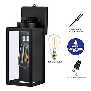 Laplusbelle Dusk to Dawn Outdoor Light Fixtures Black, Waterproof Wall Lantern Sconces with Tempered Glass, E26 Socket Porch Lighting Exterior Lights for Patio Front Porch Garage Entrance, 2 Pack