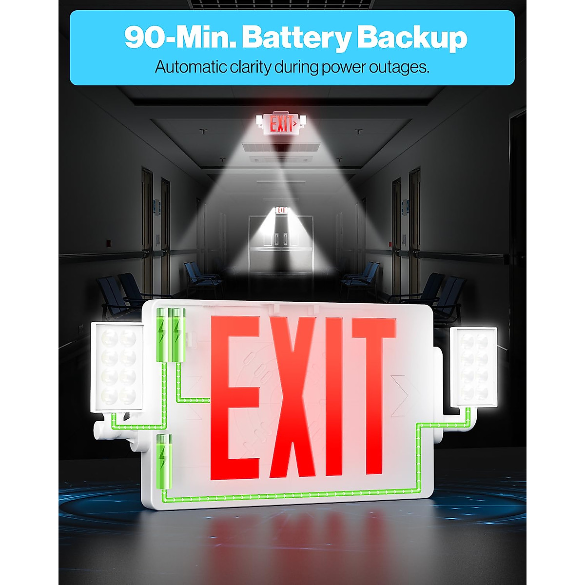 Sunco 24 Pack Red Exit Signs With Emergency Lights, Two Adjustable LED Lights, 94V-0 Fire Resistant, Backup Battery, 120-277V, Wall Or Ceiling Mount, Commercial Grade Double Sided UL