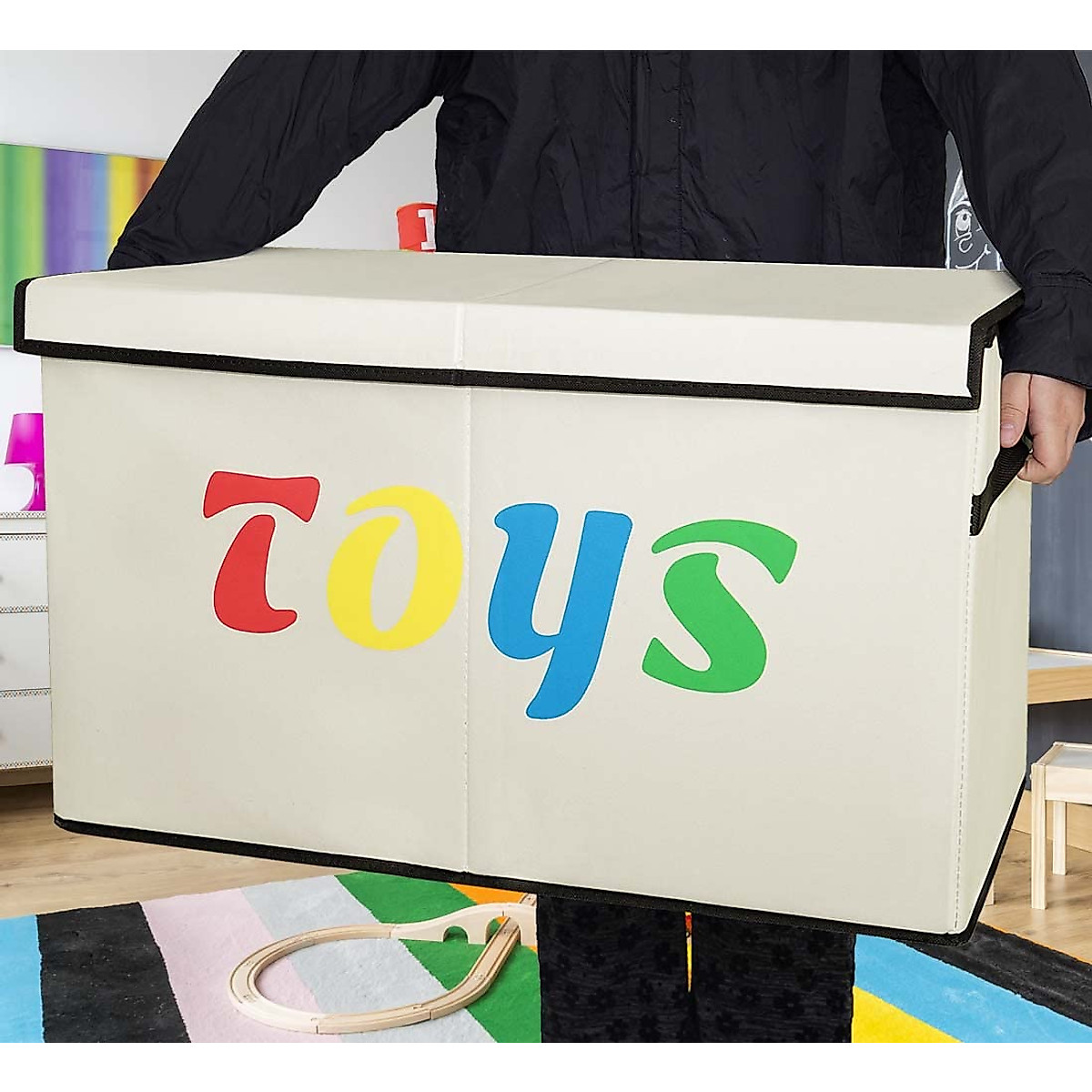 VICTORICH 100L Toy Box Chest, 2 PACK Collapsible Sturdy Storage Bins with Lids, Extra Large Kids Toy Storage Organizer Boxes Bins Baskets, Beige + Black