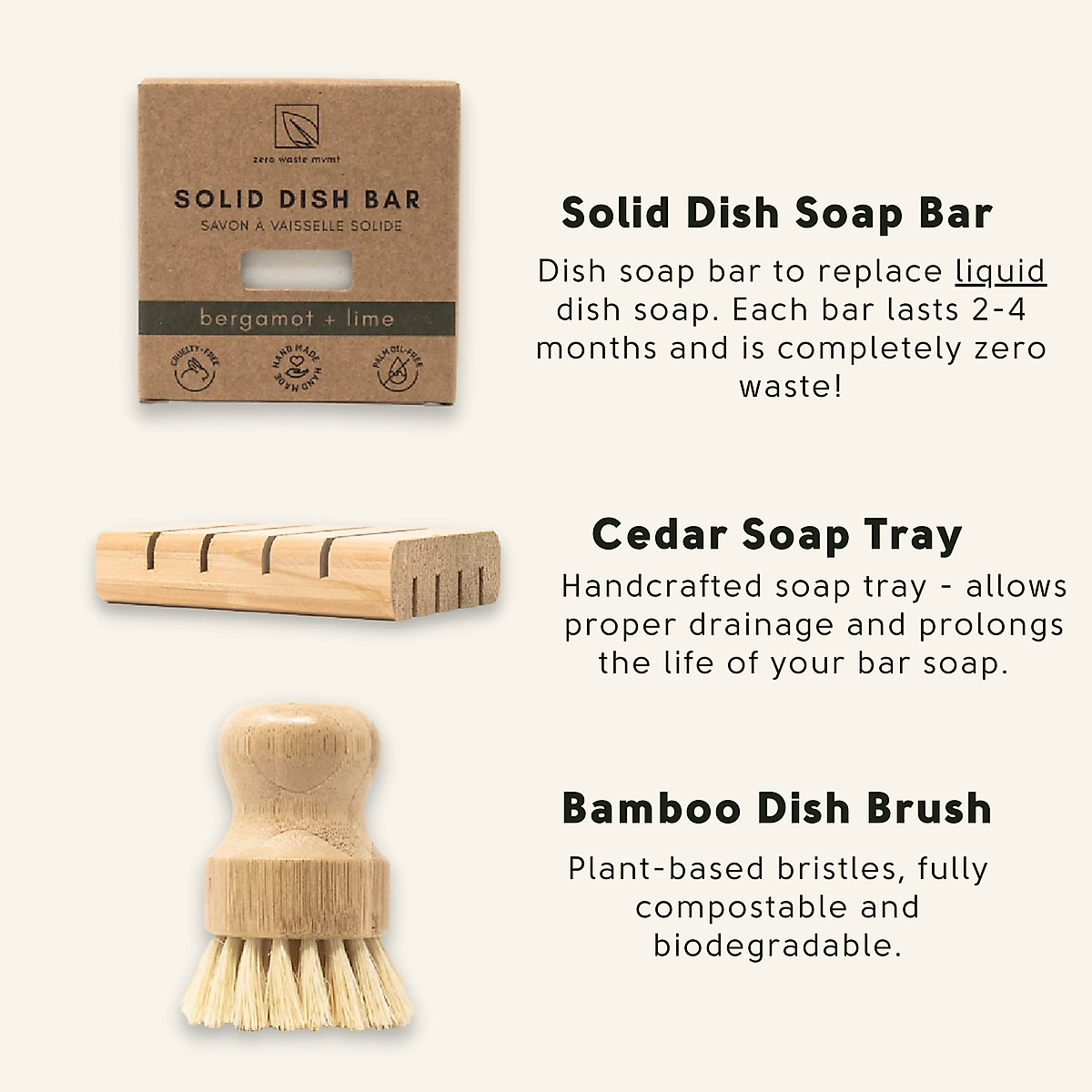 Zero Waste MVMT Dish Washing Bundle Kit | Eco-Friendly Solid Dish Soap, Cedar Soap Tray, Bamboo Pot Brush | Organic, Vegan, Non-Toxic Dish Soap | 3pc. Set
