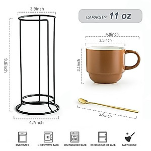 YHOSSEUN 11 Oz Coffee Mug Set Porcelain Stackable Mug with Stand and Metal Spoon - Tea Cups Demitasse Cups for Drinks, Espresso, Latte - Porcelain Stackable Coffee Mugs with Rack Set of 4, Brown