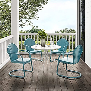 Crosley Furniture Tulip 5-Piece Outdoor Dining Set for 4, Retro Metal Round Patio Table and Chairs for Deck, Pastel Blue Satin