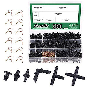 Keadic 380Pcs Barbed Connectors Irrigation Fittings Kit Contains Elbows, End Plug, Tees, 4-Way Coupling, Straight Barbs, Single Barbs Irrigation Barbed Connectors for 1/4" Tubing Sprinkler Drip Systems