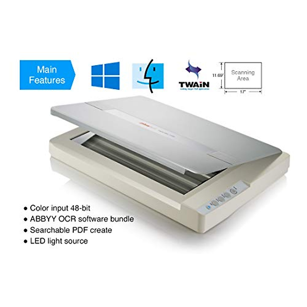 Plustek A3 Large Format Flatbed Scanner OS 1180 : 11.7x17 scan Size for Blueprints and Document. Design for Library, School and Soho. A3 scan for 8 sec, Support Mac and PC