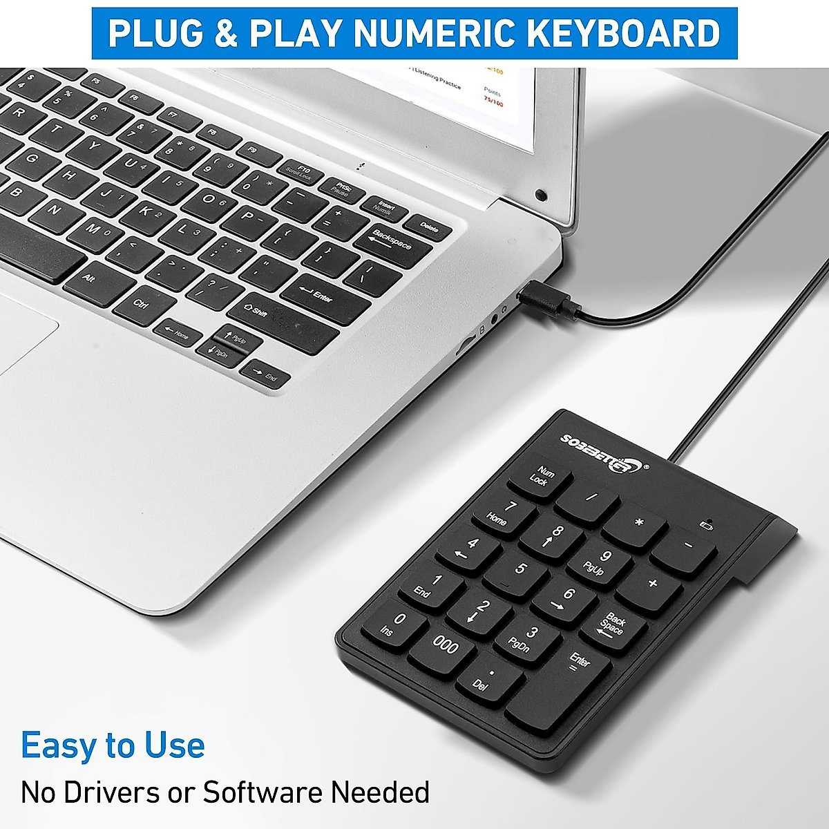 Huifen Type C Number Pad, USB Numeric Keypad 19 Keys Plug & Play Financial Accounting Numpad Office Home Portable Mini Keypad Slim Number Keyboard for Laptop Phone PC Tablet Notebook (Black)