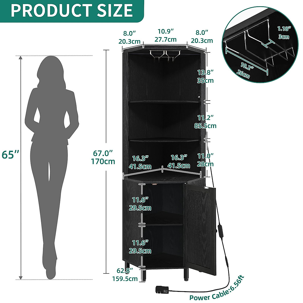 YITAHOME Corner Bar Cabinet with LED Lights & Glass Holder, 5 Tier Corner Shelf with Storage, Wine Rack Cabinet Display Shelves for Living Room, Dining Room, Kitchen, Black