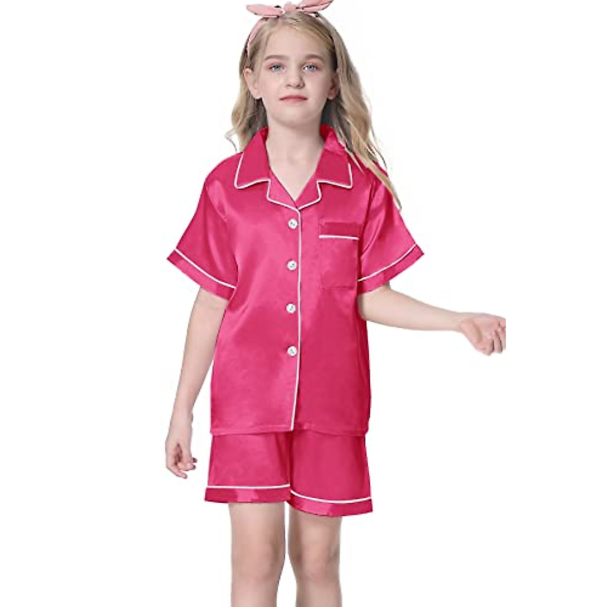 Silk Pajamas Sets for Women, 2 Pcs Sleepwear Silk Button-Down Pj Lounge Set, Hot Pink, US XS