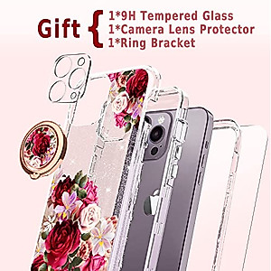 ACKETBOX for iPhone 14 Pro Max Case with Screen Protector + Camera Lens Protector and Ring Bracket，PC Back Case + Front Cover and TPU Phone Case Cover for iPhone 14 Pro Max (Flowers)