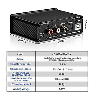 AIYIMA DAC-A2 Headphone Amplifier DAC with Bass Treble Controls PC-USB/Optical/Coaxial Inputs, RCA/3.5mm Headphone Ouput Digital to Analog Desktop Audio Converter 5V 24Bit 192kHz