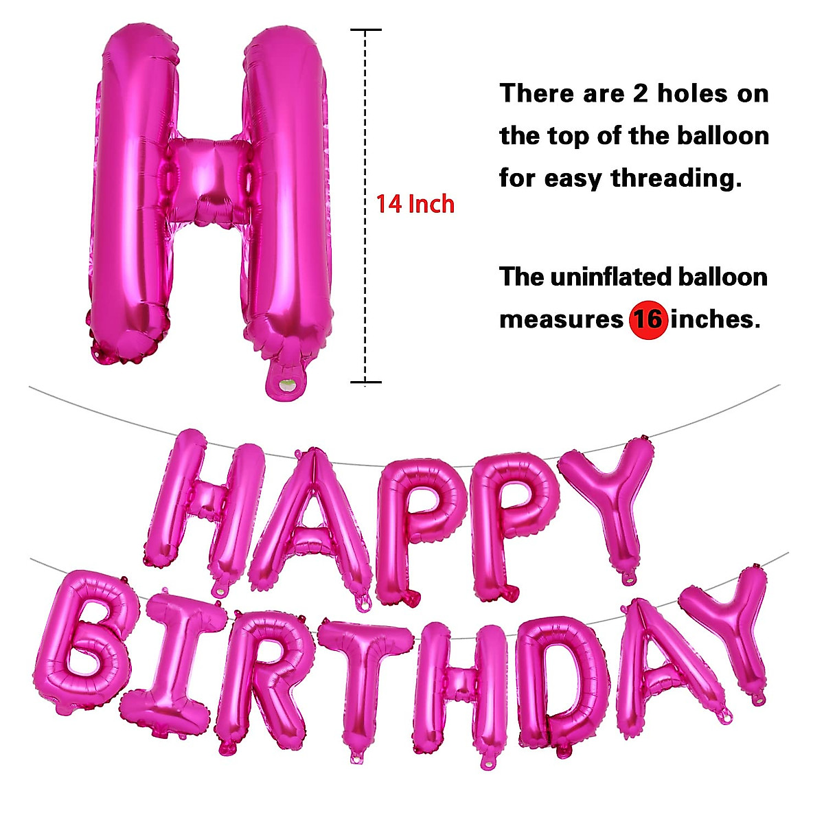 PIGETALE Happy Birthday Banner, 16 Inch Mylar Foil Letters Sign Bunting Happy Birthday Balloon Letters Balloons Reusable Ecofriendly Material for Girls Boys Kids Women Men (Hot Pink)