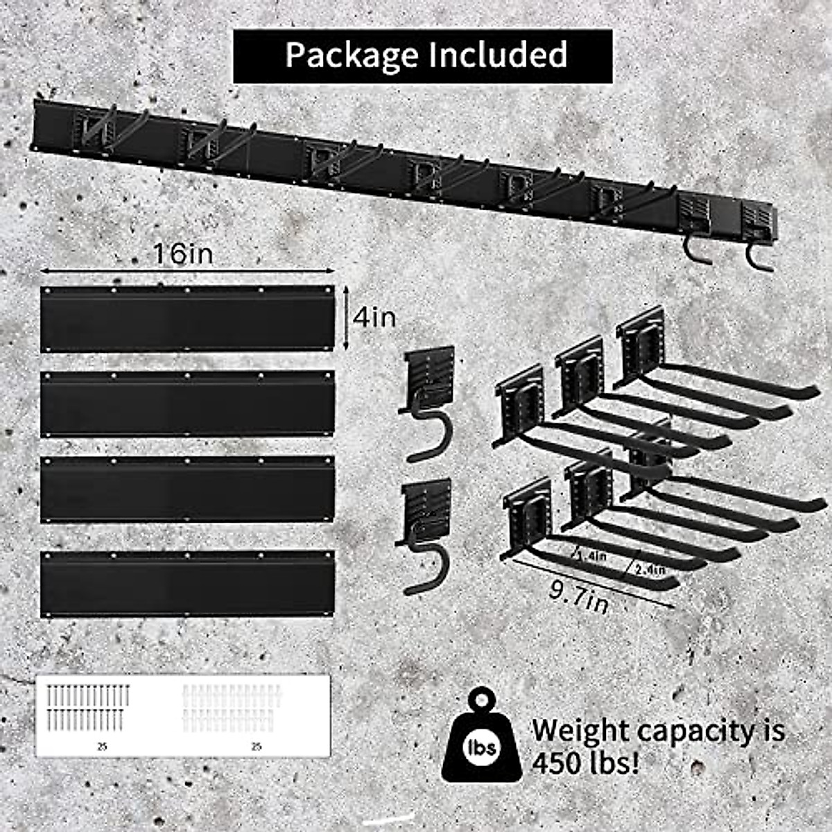 Garage Tool Organizer Wall Mount, 12 PCS Garden Tool Rack Garage Storage, 8 Heavy Duty Adjustable Hooks Steel and 4 Rails Aluminum, 450 LBS Max Load