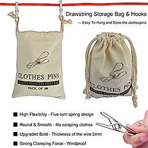 Clothespins Laundry Chip Clips - 100 Pack Bulk Durable Stainless Steel Clothes Pins,Heavy Duty Clamp Metal Wire Clothes Pegs with One Storage Bag & 2 Hooks,for Outdoor Clothesline Home Kitchen Office