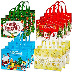 MISS FANTASY 12 Pack Durable Christmas Non-Woven Tote Bags 4 Patterns Reusable Grocery Bags Xmas Party Favors or Shopping Use Christmas Theme 12.8W x 9.8H x 2.8D (Red Blue Green and Golden)