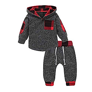 Ritatte Toddler Infant Baby Boys Clothes Plaid Long Sleeve Hoodie Sweatshirt Pants Fall Winter 5Pcs Outfits Set(Gray, 18-24 Months)