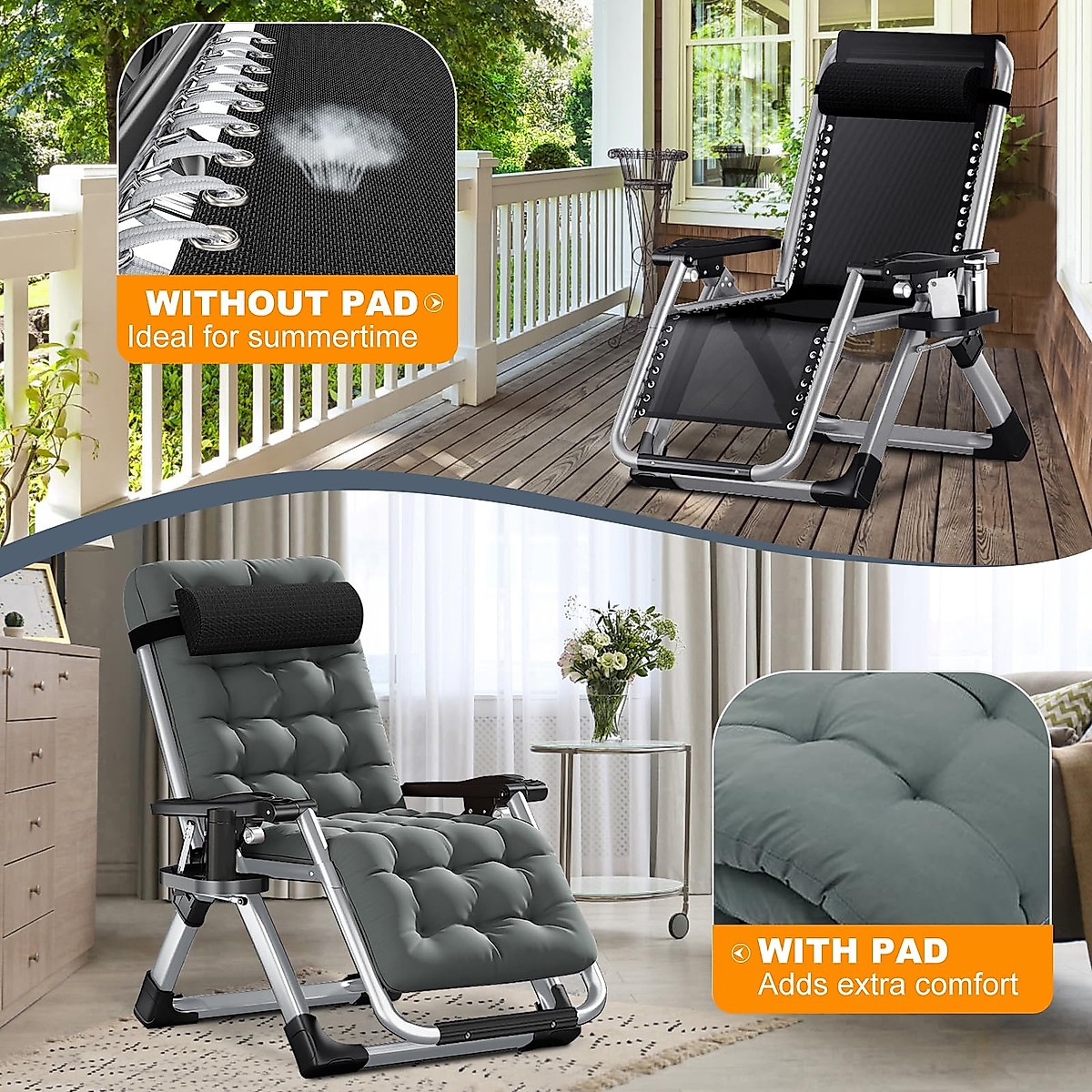 LILYPELLE Comfy Folding Chair, Folding Lounge Chair for Bedroom and Living Room, Folding Reclining Patio Chairs with Removable Cushion for Indoor Outdoor