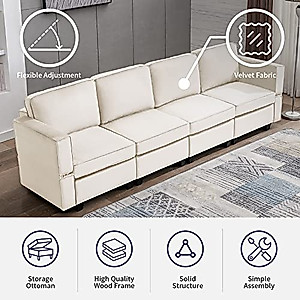 ZAFLY Sectional Sofa, 4 Seat Convertible Modular Beige Couch with Adjustable Backrest and Armrests I Shaped Sleeper Comfy Couch for Living Room